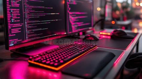 Pink Lit Coder S Desk Stock Illustration Illustration Of Dark 366244722