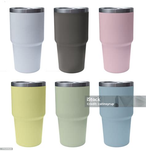 흰색으로 분리된 큰 현대 보온병 병의 다양한 파스텔 색상 재사용 가능한 개념 유리잔에 대한 스톡 사진 및 기타 이미지 유리잔 재사용 가능 단열 음료 용기 Istock