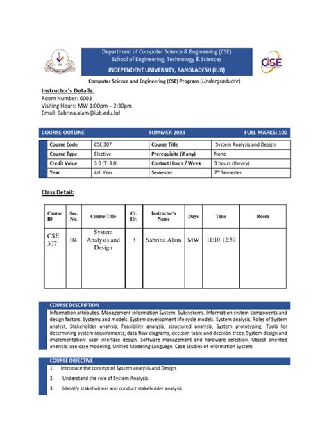 Iub Obe Cse 307 Course Outline Spring 2024 Pdf System Computing