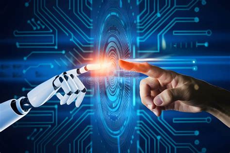 Futuristic Human Robotic Interaction Hand Points To Digital Ai Interface Robotic Hand Mirrors