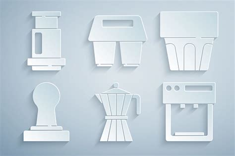 커피 모카 포트 물이 담긴 유리 탬퍼 머신 컵 에어로프레스 커피 아이콘 설정 벡터 3차원 형태에 대한 스톡 벡터 아트 및 기타 이미지 Istock