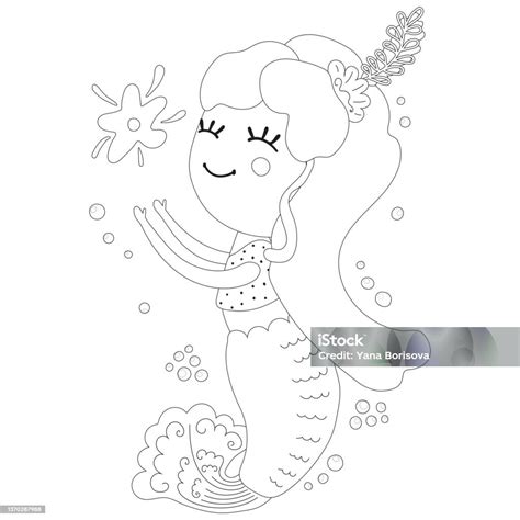 귀여운 고립 된 흑백 유치한 그림의 작은 미소 작은 윤곽 인어 소녀 긴 머리는 불가사리를 잡는 아기 색칠 페이지 인쇄 벡터 0명에 대한 스톡 벡터 아트 및 기타 이미지