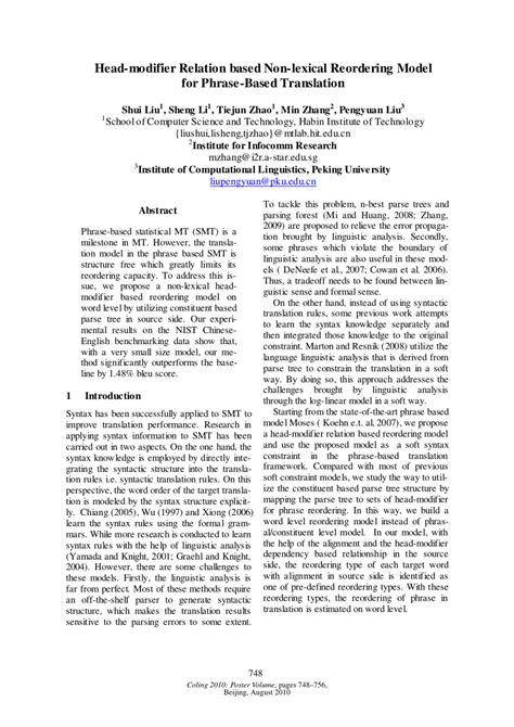 Pdf Head Modifier Relation Based Non Lexical Reordering Model For Phrase Based Translation