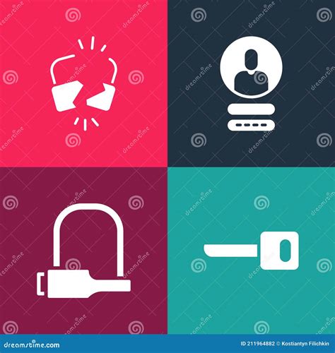 Set Pop Art Key Bicycle Lock Create Account Screen And Broken Or Cracked Icon Vector Stock