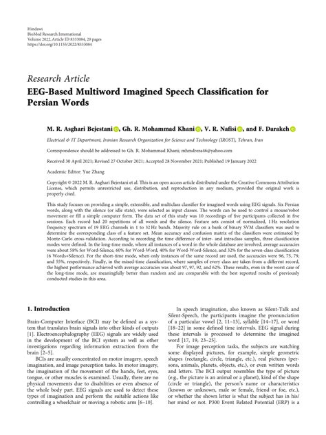 Pdf Eeg Based Multiword Imagined Speech Classification For Persian Words