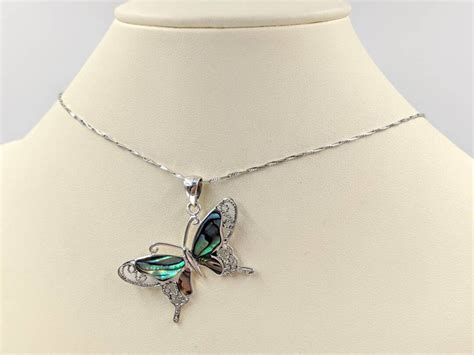 Sterling Silver Necklace With Filigree Abalone Butterfly 925 Sterling