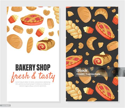 베이커리 가게 신선한 맛있는 카드 템플릿 베이킹 제품 원활한 패턴 요소는 메뉴 포장 전단지 인증서 벡터 일러스트레이션에 사용할