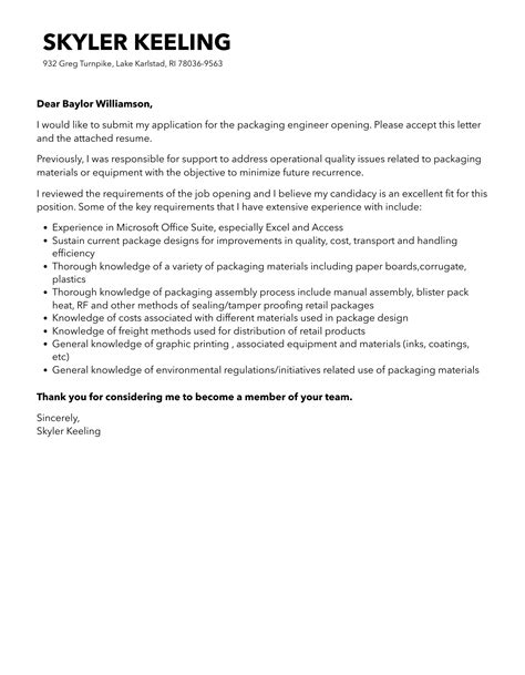 Packaging Engineer Cover Letter Velvet Jobs