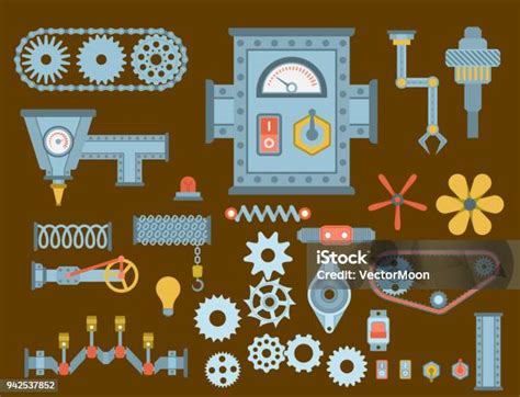 기계 부품 다른 메커니즘 벡터 기계 제조 작업의 세부 디자인 기어 장비 산업 엔진 그림 가공 기술 강철에 대한 스톡 벡터 아트