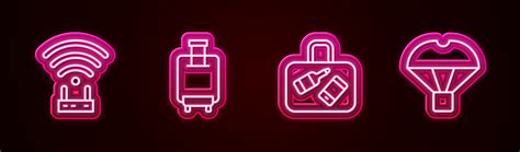 라인 라우터 및 Wifi 신호 여행 가방 및 낙하산으로 비행하는 상자를 설정합니다 빛나는 네온 아이콘입니다 벡터 가방에 대한 스톡 벡터 아트 및 기타 이미지 Istock