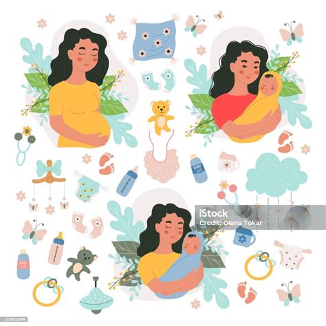 다른 여성 임신과 신생아 캐릭터세트 아기 어머니 아기를 위한 아이템 세트 낙서 스타일의 벡터 일러스트 핸드 드로우 아이콘에 대한 스톡 벡터 아트 및 기타 이미지 Istock