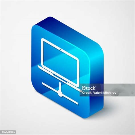 아이소메트릭 컴퓨터 네트워크 아이콘 흰색 배경에 고립입니다 노트북 네트워크 인터넷 연결 파란색 사각형 버튼을 클릭 합니다 벡터