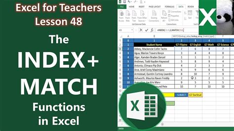 the index and match functions excel for teachers carlo excels youtube