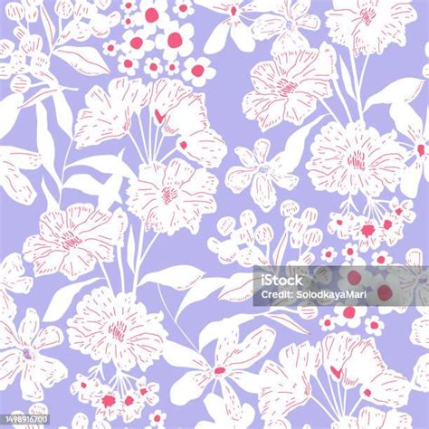 손으로 그린 섬세한 흰색과 라일락 꽃 질감 피는 꽃 원활한 패턴입니다 직물 섬유 포장지에 적합합니다 벡터 그림 개화기에 대한