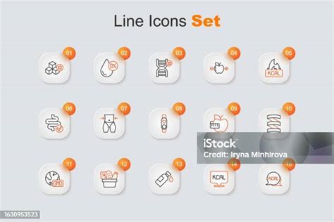 세트 라인 Kcal 생수 쇼핑백 및 식품 Gmo 스포츠 영양 단백질 애플 측정 테이프 및 하트 아이콘이있는 스마트 시계 벡터 Dna에 대한 스톡 벡터 아트 및 기타 이미지