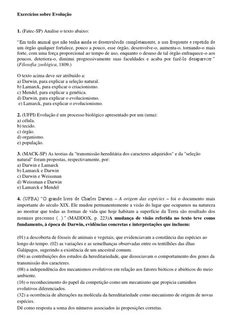 Exercícios Sobre Evolução Evolução Espécies