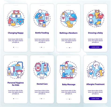 자녀 온보딩 모바일 앱 페이지 화면 세트를 양육합니다 건강 관리 및 위생 연습은 개념이 있는 4단계 그래픽 지침입니다 선형 컬러 일러스트레이션이 있는 Ui Ux