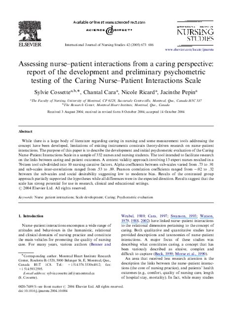 Pdf Assessing Nursepatient Interactions From A Caring Perspective