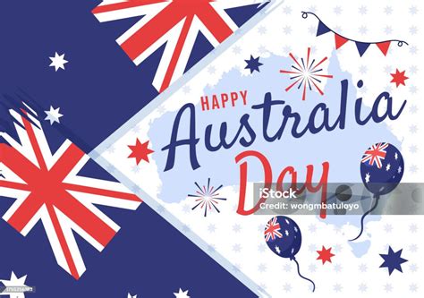 1월 26일 해피 오스트레일리아의 날 벡터 일러스트레이션 지도와 플랫 만화 배경 디자인의 배너 또는 포스터에 대한 호주 국기 1월에 대한 스톡 벡터 아트 및 기타 이미지
