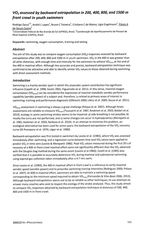 Pdf V02 Assessed By Backward Extrapolation In 200 400 800 And 1500 M Front Crawl In Youth