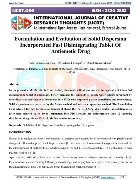 Pdf Formulation And Evaluation Of Solid Dispersion Incorporated Fast Disintegrating Tablet Of