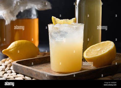 Homemade Organic Probiotic Kombucha With Honey Lemon And Ginger On