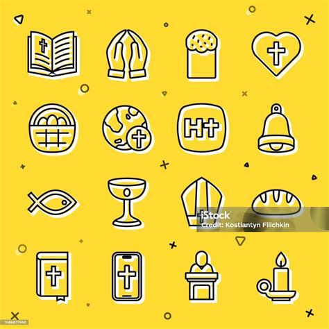촛대 기독교 빵 교회 종 부활절 케이크 지구본 바구니 부활절 달걀 성경 책 및 아이콘과 십자가에 촛불을 태우는 선 벡터 검은색에 대한 스톡 벡터 아트 및 기타 이미지