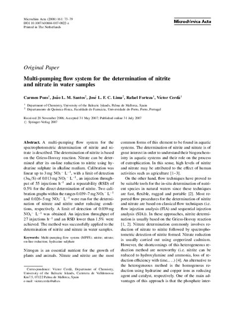 Pdf Multi Pumping Flow System For The Determination Of Nitrite And Nitrate In Water Samples