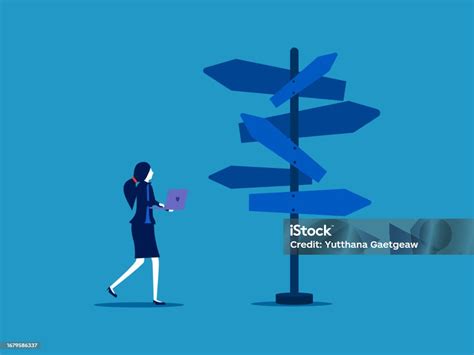 일의 방향 여러 방향에서 도로 표지판을 보고 있는 사업가 가리키기에 대한 스톡 벡터 아트 및 기타 이미지 가리키기 개발 결심 Istock