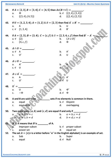 Adamjee Coaching Sets Mcqs Mathematics Notes For Class 10th