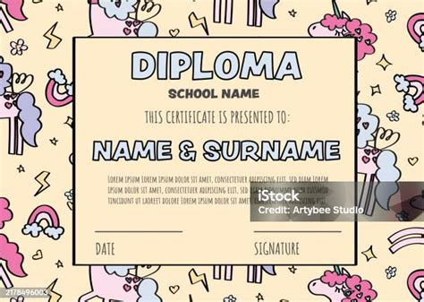 유치원 유치원 및 중학교 졸업을 위한 유니콘 패턴이 있는 어린이 졸업장 템플릿 1위에 대한 스톡 벡터 아트 및 기타 이미지 1위 격려 귀여운 Istock