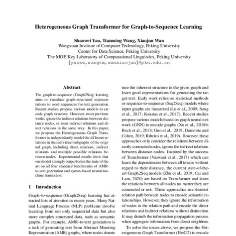 Heterogeneous Graph Transformer For Graph To Sequence Learning Acl Anthology