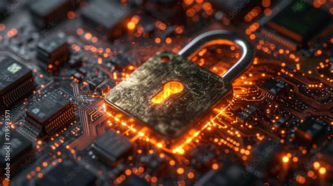 Golden Padlock Illuminated Digital Circuit Board With Orange And Green Neon Glow Light