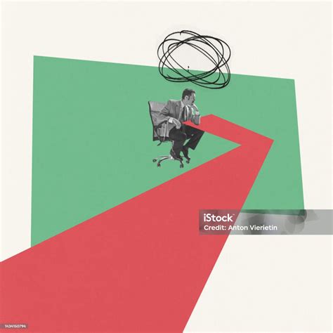 현대 미술 콜라주 테이블에 앉아서 생각하는 집중적 인 사업가의 개념적 이미지 브레인스토밍 및 프로젝트 제작 인터넷에 대한 스톡 사진 및 기타 이미지 Istock