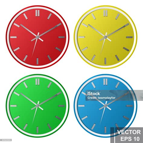 Set The Clock Different Colors Time Isolated On White Background Realistic Stock Illustration