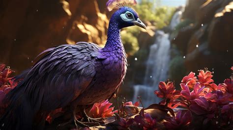 Majestic Perch Purple Peacock Standing On The Edge Of A Cliff Waterside
