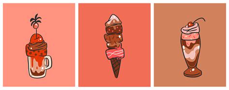 손으로 그린 벡터 추상 만화 아이스 크레람 콘 순대 라인 아트 일러스트레이션 세트 아이스크림 디저트 벡터 일러스트레이션 디자인 개념 스웨덴 젤라토 얼음 디저트 귀여운 낙서