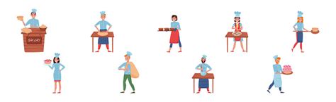 남자와 여자 베이커 캐릭터 에서 앞치마 와 Toque 굽기 빵 와 과자 벡터 세트 개체 그룹에 대한 스톡 벡터 아트 및 기타 이미지 Istock