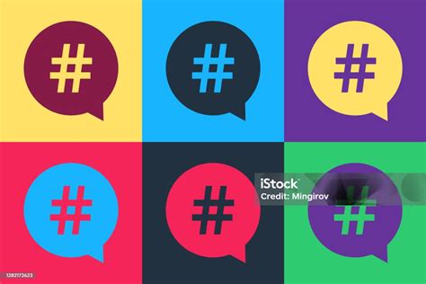 색상 배경에 격리 된 원 아이콘의 팝 아트 해시 태그 소셜 미디어 기호 번호 기호의 개념 소셜 미디어 마이크로 블로깅 홍보 인기 벡터 해시태그에 대한 스톡 벡터 아트 및