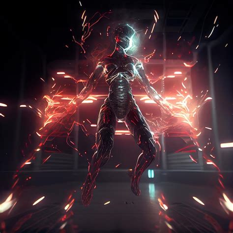 현대화된 사이보그 로봇 외골격의 남자 새로운 무기 프리미엄 사진