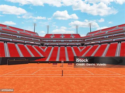 빨간색의 아름 다운 현대 테니스 클레이 코트 경기장의 3d 렌더링 테니스에 대한 스톡 사진 및 기타 이미지 테니스 스타디움