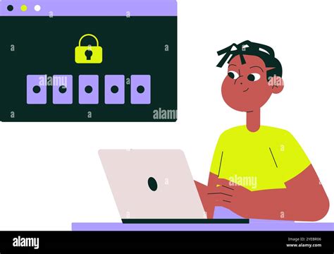 Data Security Verification By Young Male Using Laptop In Flat Vector Illustration Symbolizing