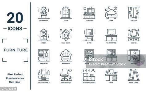 가구 선형 아이콘 세트입니다 가는 선 화분 시계 옷장 화장대 사다리 의자 보고서 프리젠 테이션 다이어그램 웹 디자인 용 창 아이콘 포함 0명에 대한 스톡 벡터 아트 및 기타