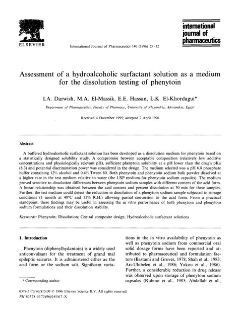Pdf Assessment Of A Hydroalcoholic Surfactant Solution As A Dissolution Medium For Phenytoin