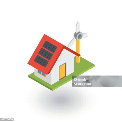 그린 하우스 개념 생태 장비태양 전지 풍력 터빈 등각 투영 평면 아이콘 3 차원 벡터 3차원 형태에 대한 스톡 벡터 아트 및
