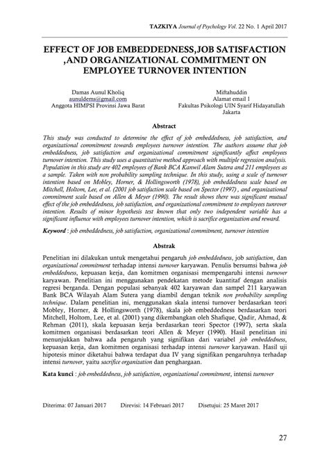 Pdf Effect Of Job Embeddedness Job Satisfaction And Organizational Commitment On Employee