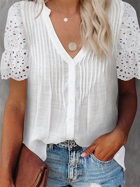Womens Going Out Blouse Plain Lace Patchwork V Neck Tops Elegant