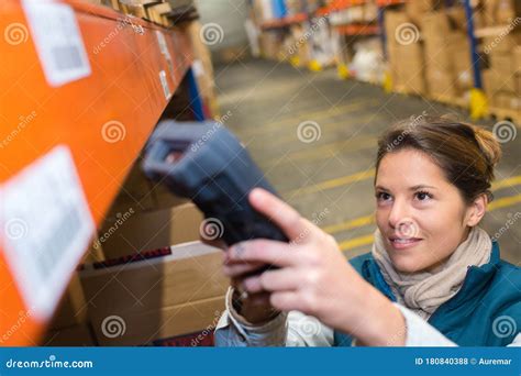 Female Worker Scanning Bar Code Packages Stock Photo Image Of Forwarding Fast 180840388