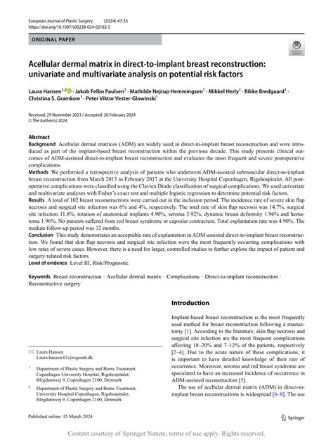 Pdf Acellular Dermal Matrix In Direct To Implant Breast Reconstruction Univariate And