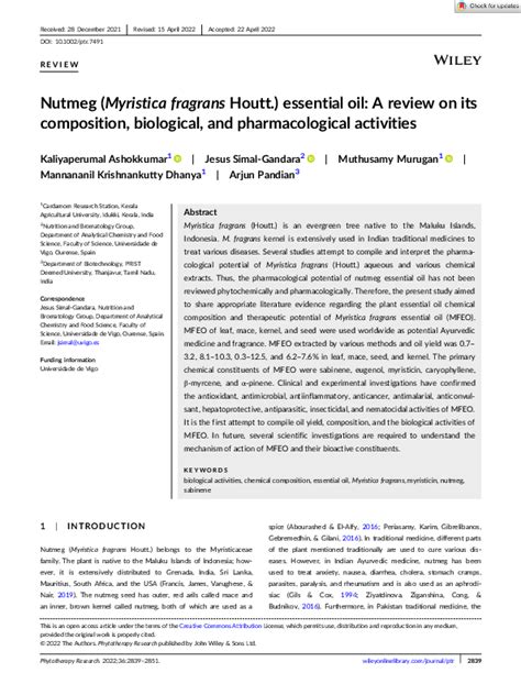 Pdf Nutmeg Myristica Fragrans Houtt Essential Oil A Review On Its Composition Biological